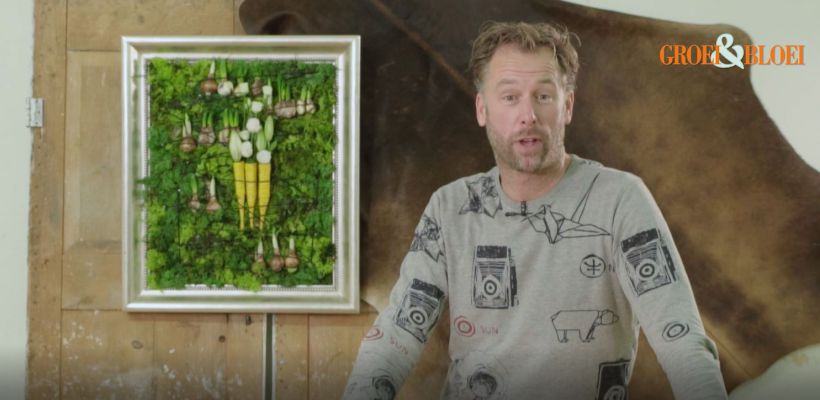 Bloemstuk met bloembollen ijslands mos waterdragers in schilderij